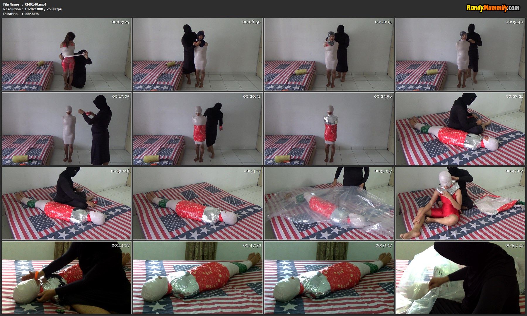 [RM140] A girl is tightly wrapped in 2 layers and 3 different duct tapes – RANDY MUMMIFY
